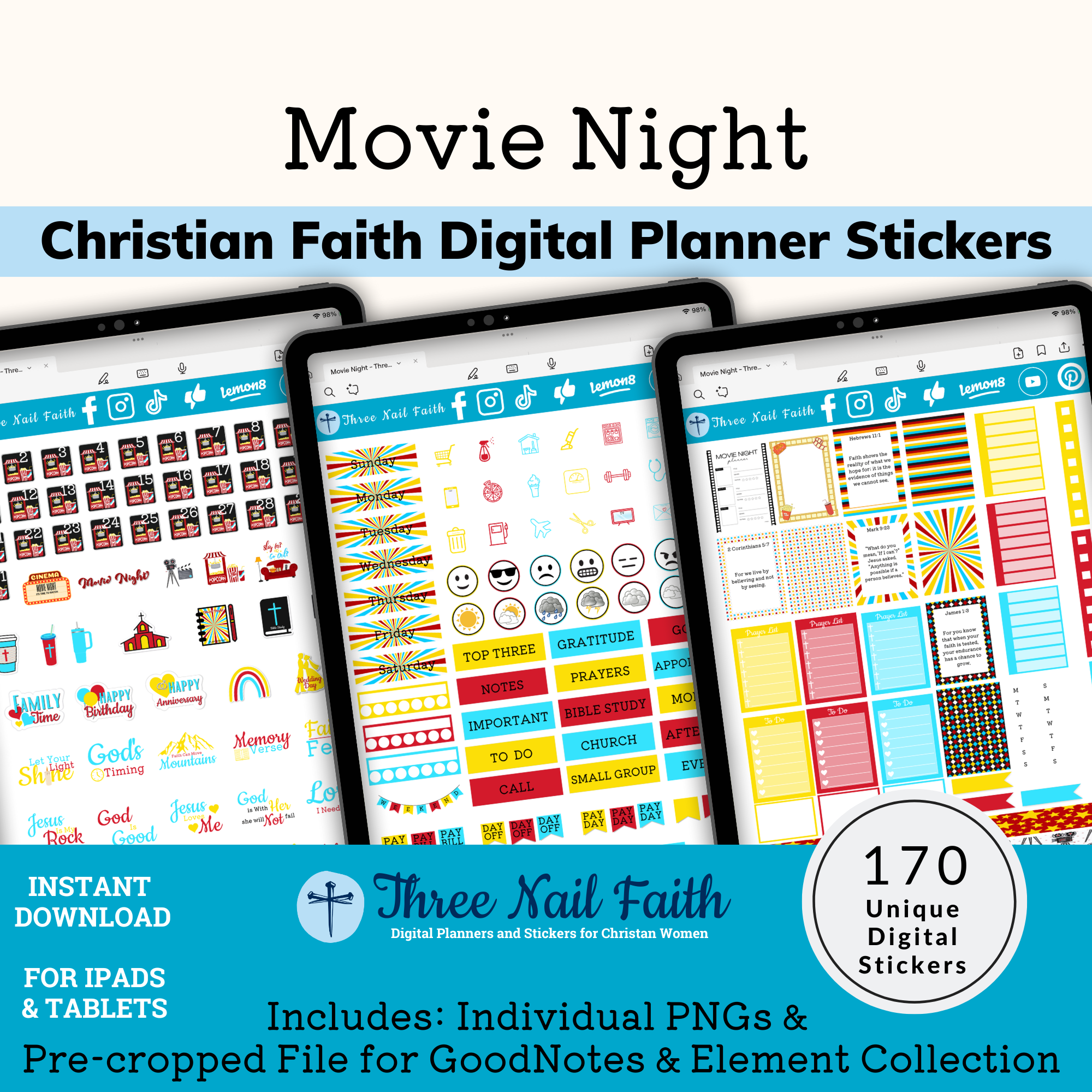 Movie Night Digital Planner Sticker Kit 2026 – Three Nail Faith